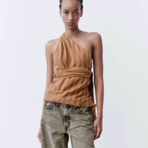 Zara | Tops | Nwt Zara One Shoulder Sleeveless Tie Top Brown Striped ...